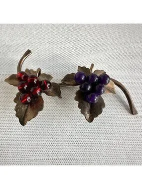 Jewelry | Vintage Brass Grape Cluster Brooch Glass Beads Leaf Design ...